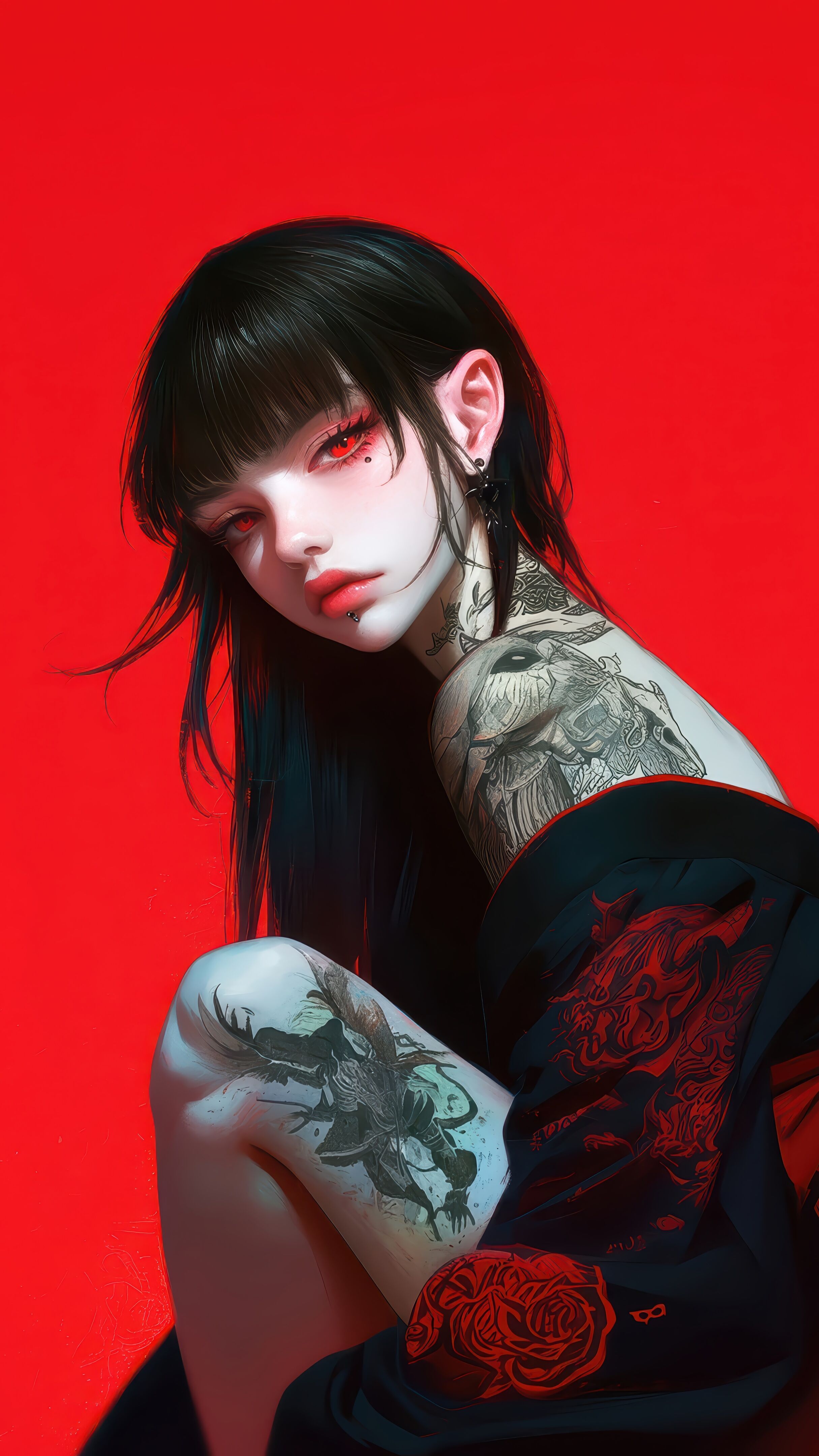 Crimson Gaze Tattooed Anime Girl on Minimal Red Background - backiee