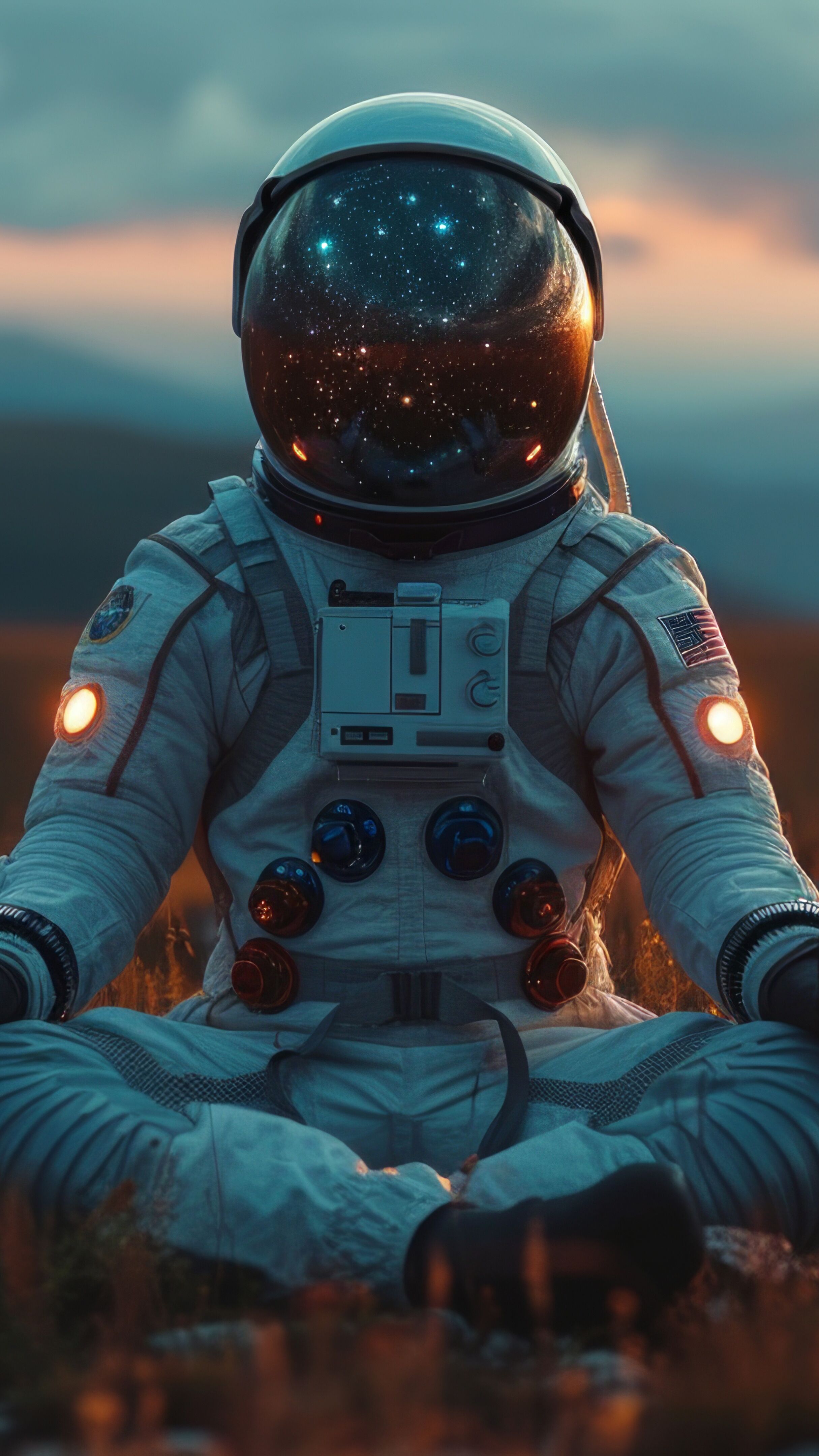 Cosmic Zen Astronaut Meditating in a Sunset Field - backiee