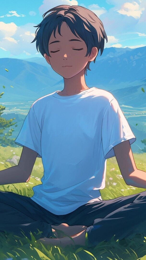 Anime Character in Nature Practicing Mindfulness Meditation - backiee