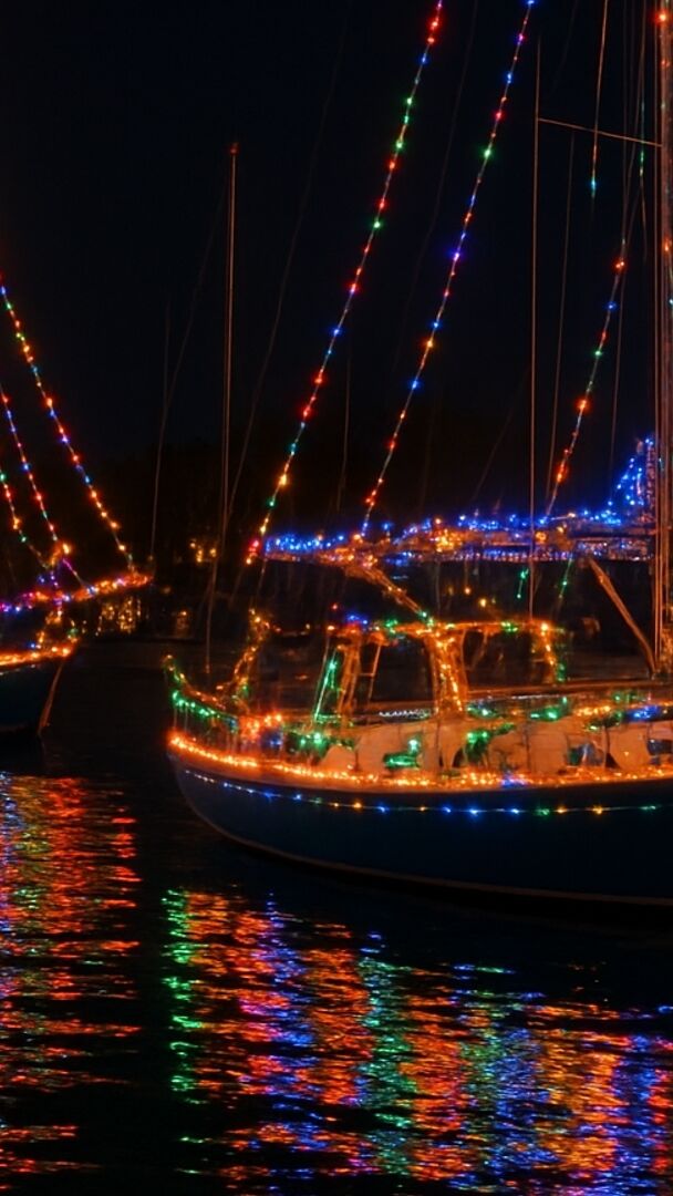 Festive Boats Glowing Under Night Sky - backiee