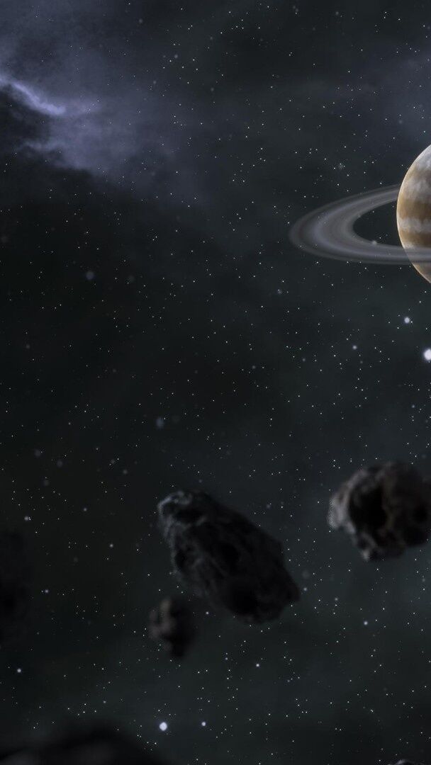 Ringed Planet Amidst Asteroid Chaos - backiee