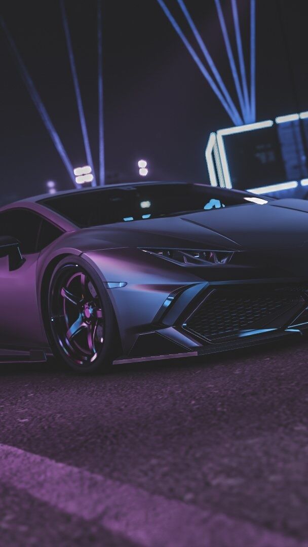 Purple Night Lamborghini Huracan Supercar Under Neon City Lights - backiee