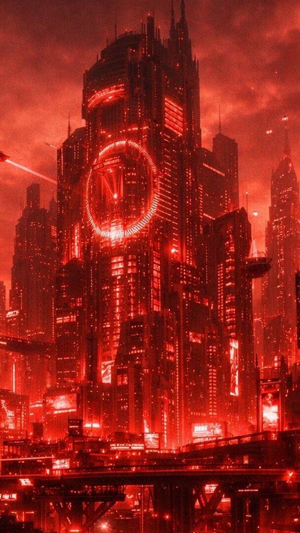 Crimson Neon Megapolis Rising Under Stormlit Skies - backiee