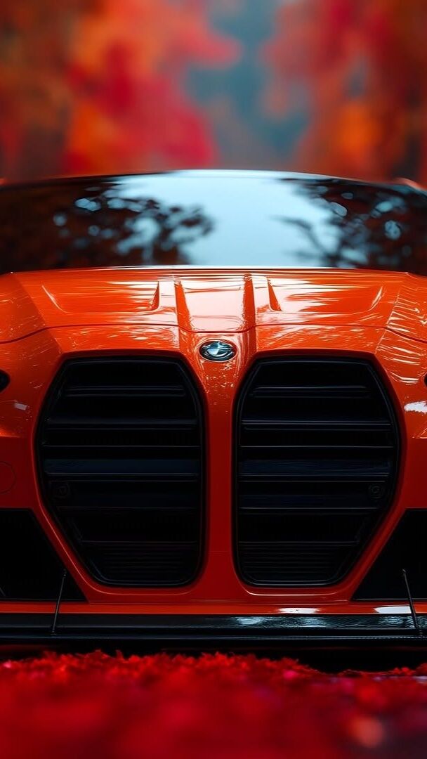 Red and Black BMW M4 Front View in Autumn Glow - backiee