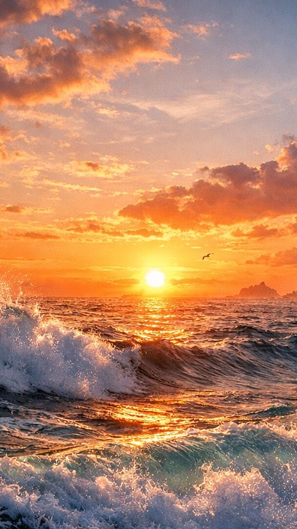 Golden Hour Ocean Waves Beneath a Dramatic Sunset Sky - backiee