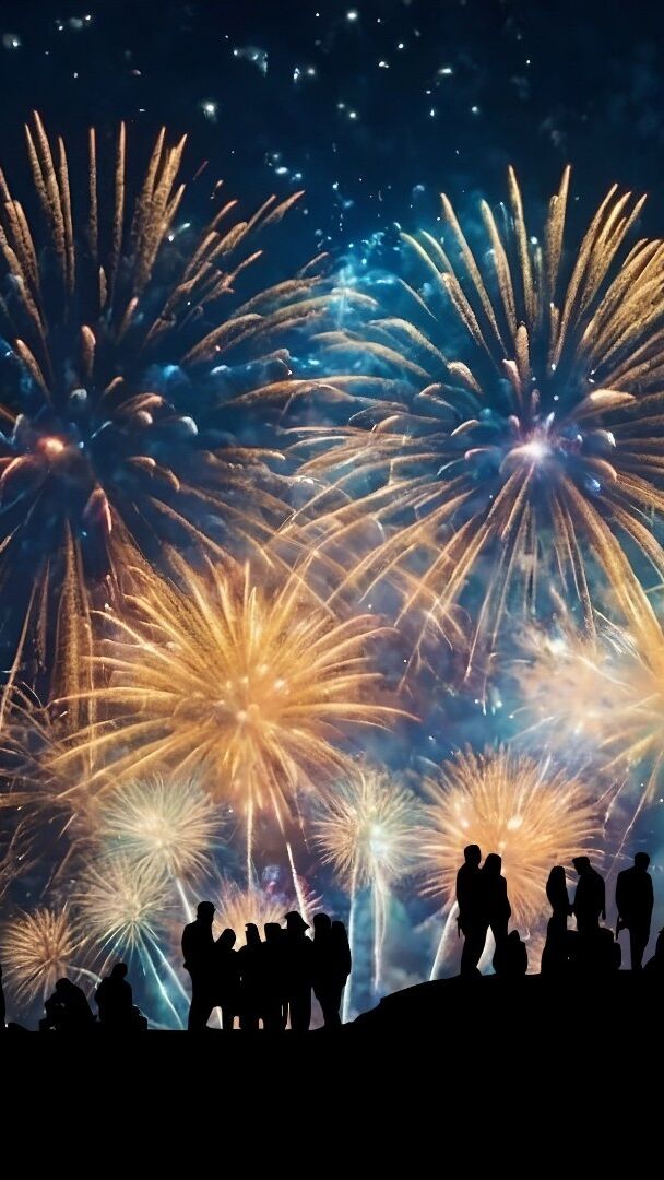 New Years Day Fireworks Over Silhouetted Crowd Celebration Night - backiee