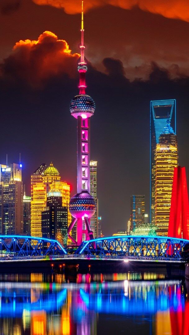 Neon Nights Over Pudong Shanghai Skyline and Oriental Pearl Tower - backiee