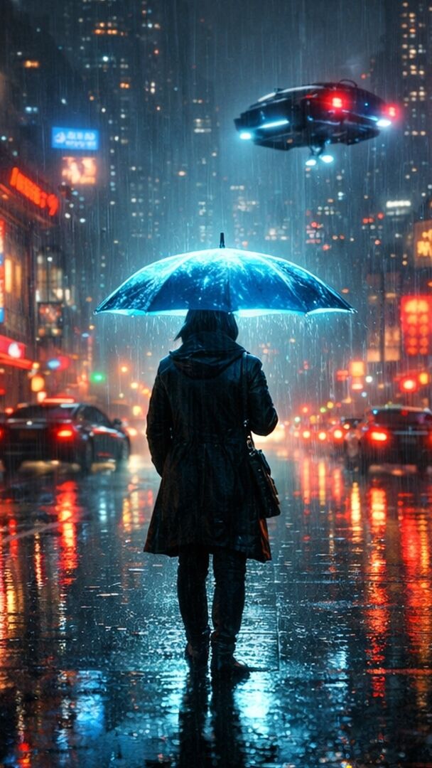 Neon Rainfall Under a Glowing Umbrella in Cyberpunk Night City - backiee