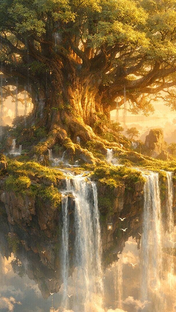 Gigantic Tree Kingdom on a Floating Island Above Golden Clouds - backiee