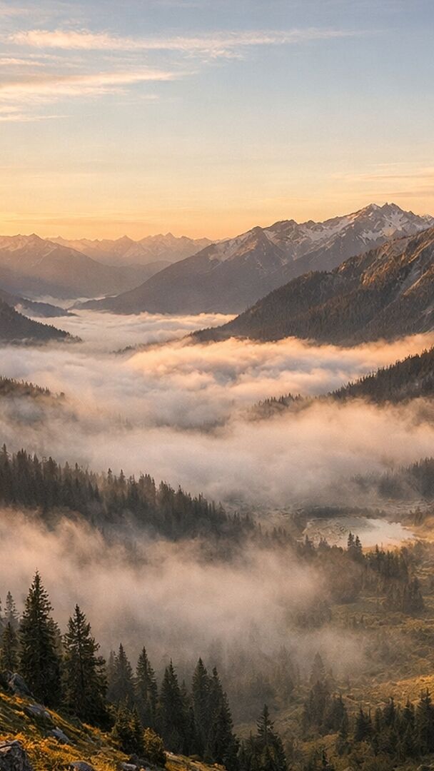 Sunrise Over Misty Mountain Ridge and Evergreen Valley - backiee