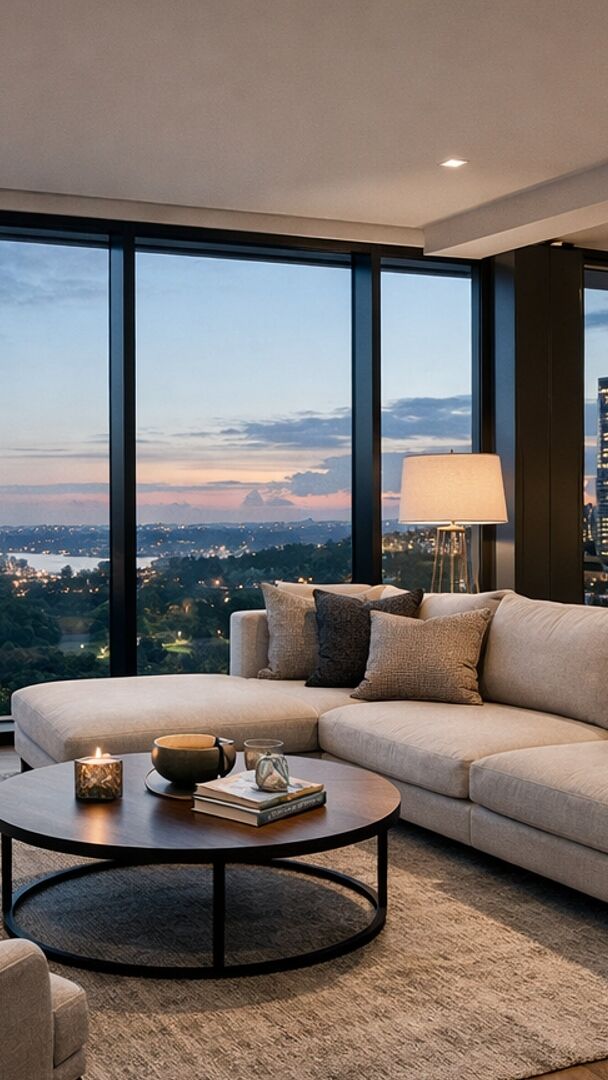 Modern Penthouse Living Room with Panoramic City Skyline at Dusk - backiee