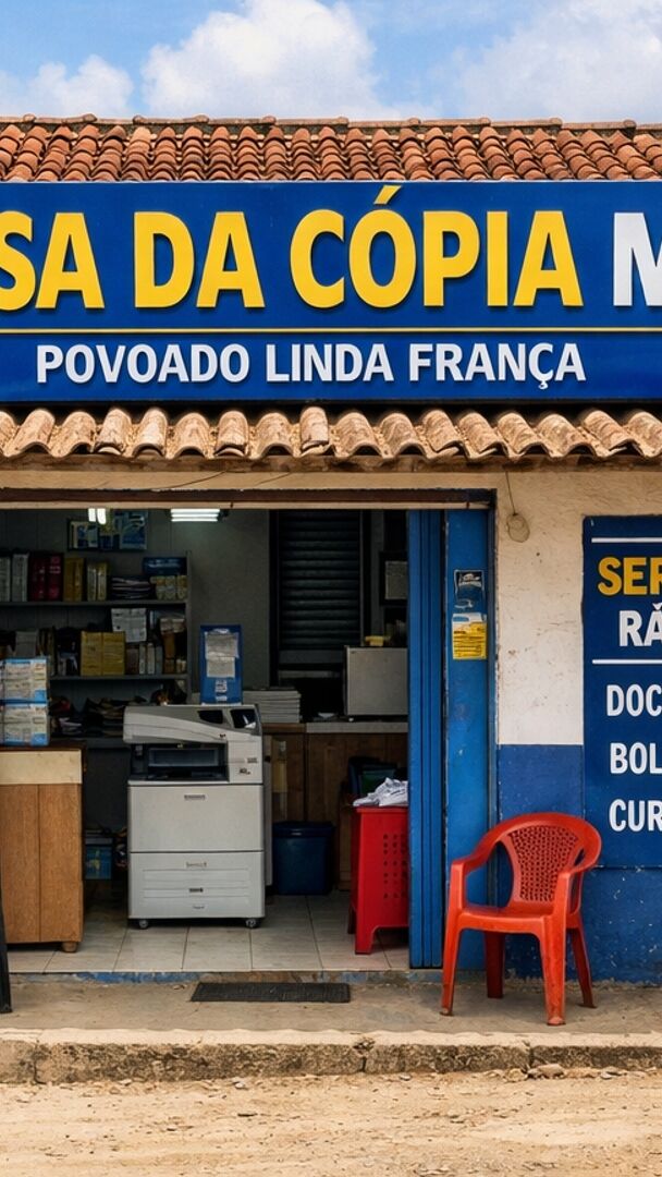 Sunlit Copy Shop Street Scene with Bold Blue Signage - backiee
