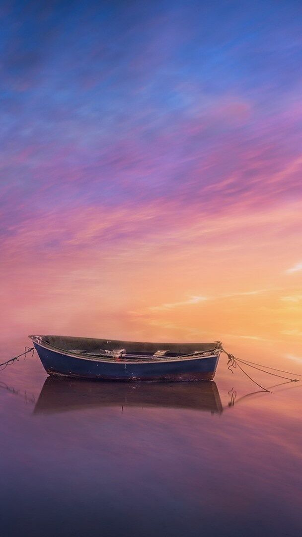 Tranquil Dinghy Drifting Toward a Luminous Dusk Horizon - backiee