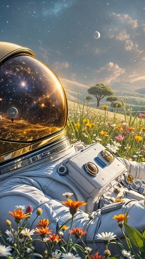 Stargazer Astronaut Resting in a Wildflower Dreamscape - backiee