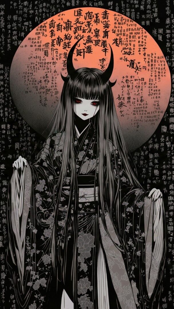 Moonlit Horned Demon in Floral Kimono Dark Anime Aesthetic - backiee