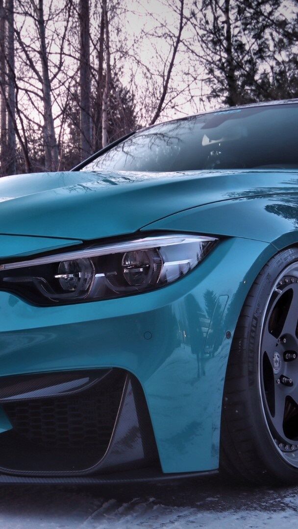Teal BMW M3 Winter Stance in Twilight Forest Road - backiee