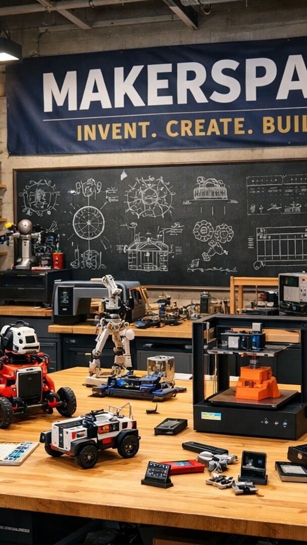 Makerspace Workshop Desk with Tools Robots and Creative Blueprint Vibes ...