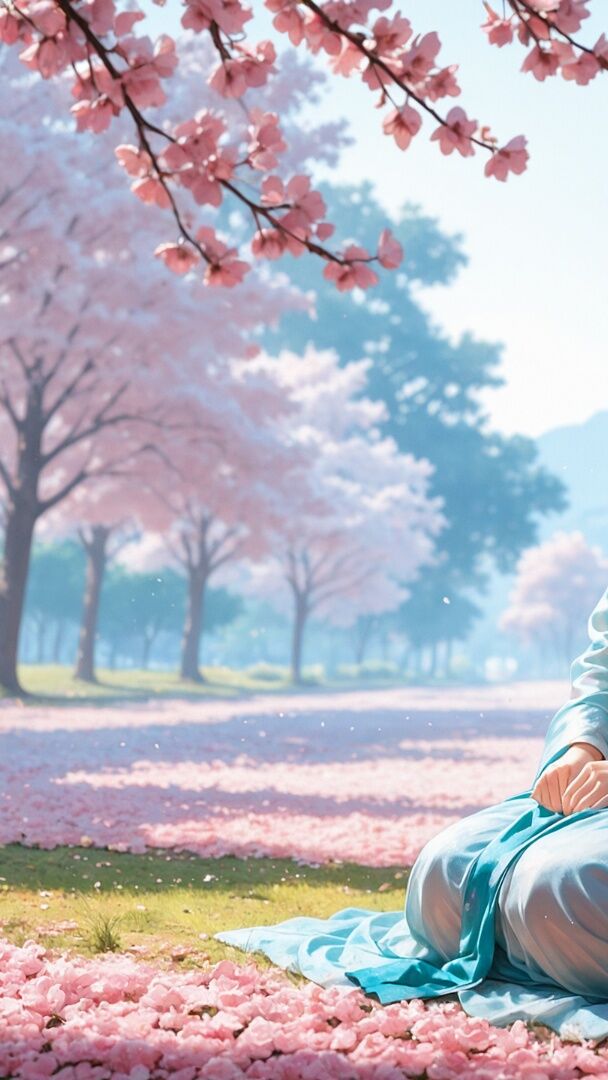 Serene Spring Kimono Girl Beneath Cherry Blossom Canopy - backiee