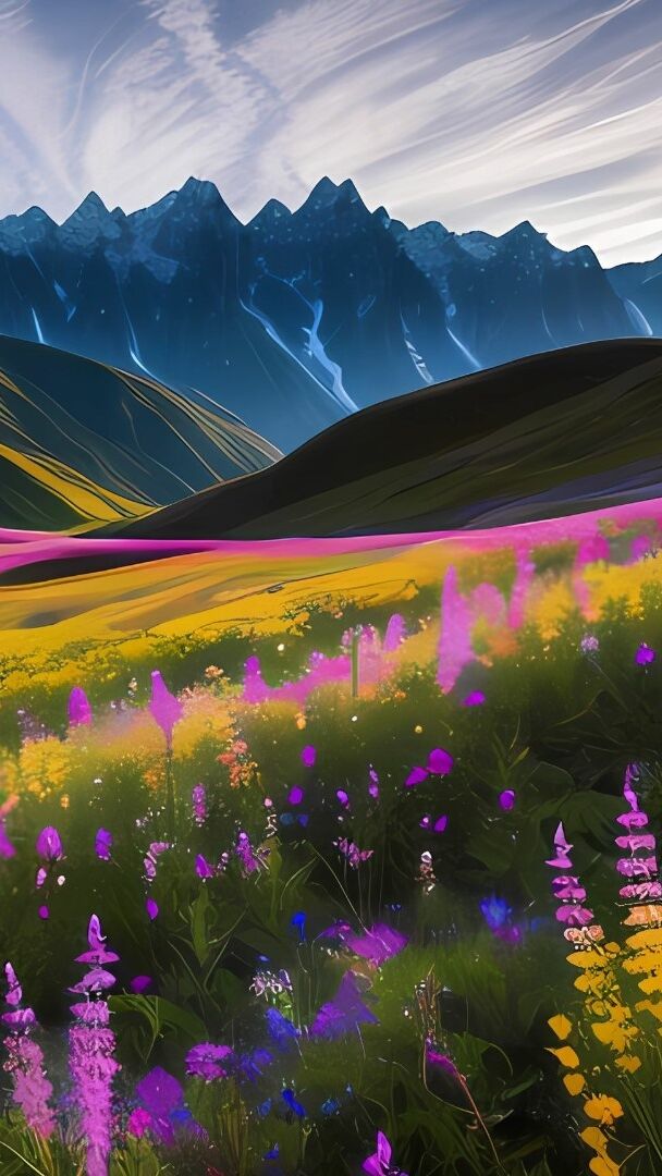 Sunlit Alpine Wildflower Valley Fantasy Landscape - backiee