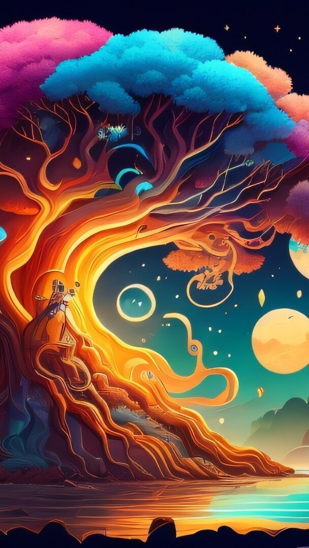 Neon Tree of Life Dreamscape in Cosmic Abstract Color - backiee