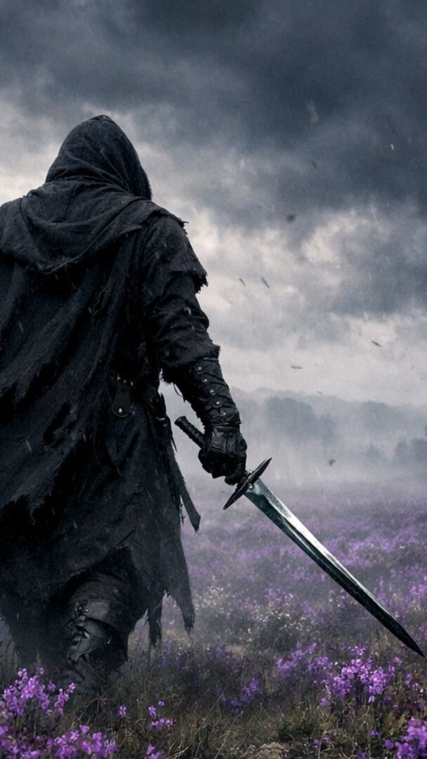 Cloaked Knight in a Purple Meadow Beneath a Storming Sky - backiee