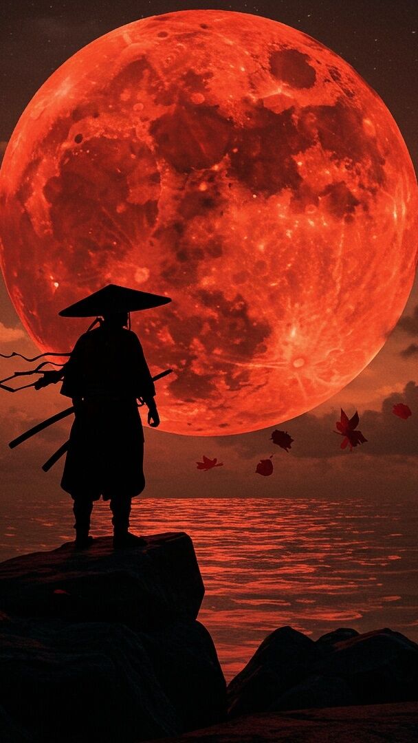 Samurai Silhouette Before a Giant Blood Moon Over the Sea - backiee