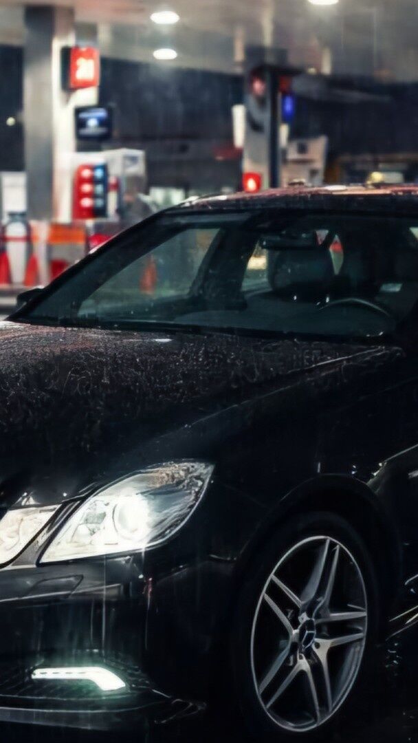 Midnight Mercedes Benz Sedan in Rainy Gas Station Glow - backiee