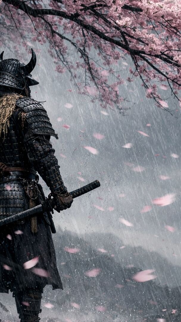 Solitary Samurai Under Cherry Blossom Rain at Foggy Dawn - backiee