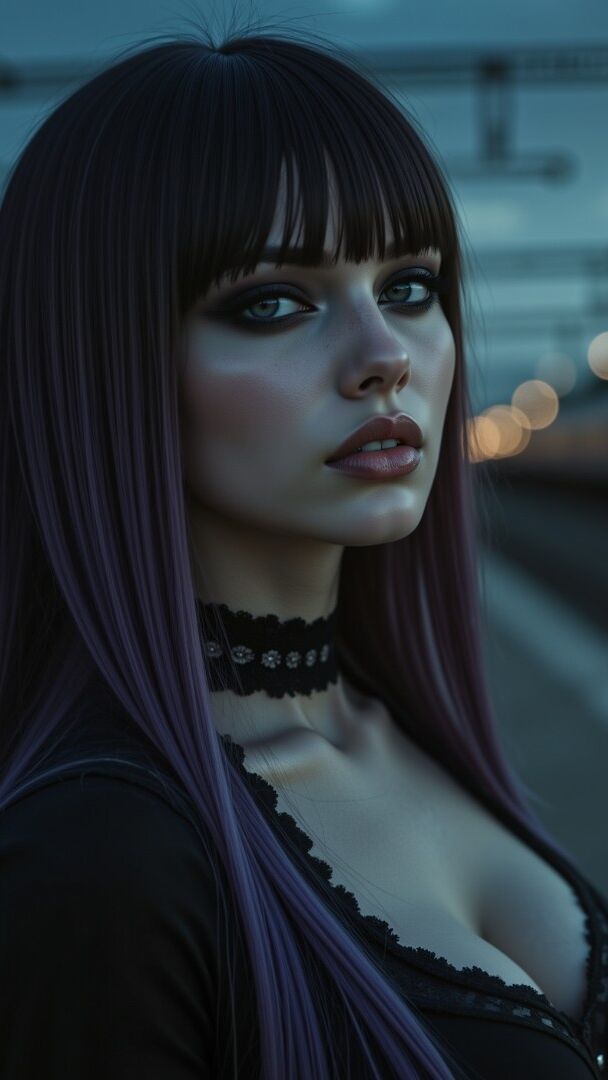 Midnight Goth Girl Waiting at a Quiet Train Station - backiee