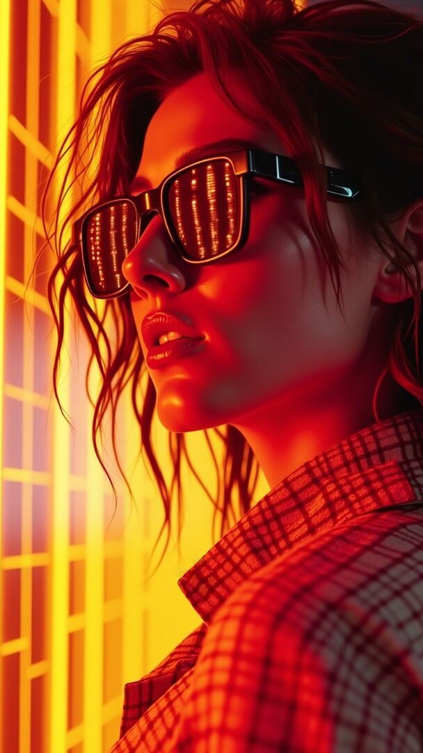 Neon Night Reflections Girl in Sunglasses Amid City Glow - backiee