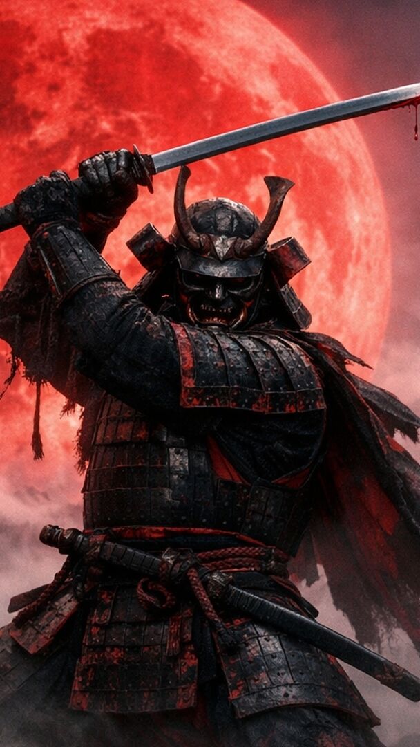 Samurai Warrior Under the Giant Blood Moon with a Dripping Katana - backiee