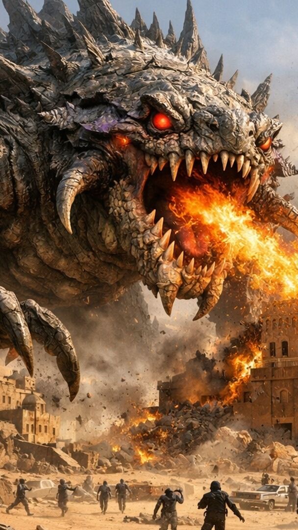 Inferno Leviathan Rising Over the Ruins of a Desert City - backiee