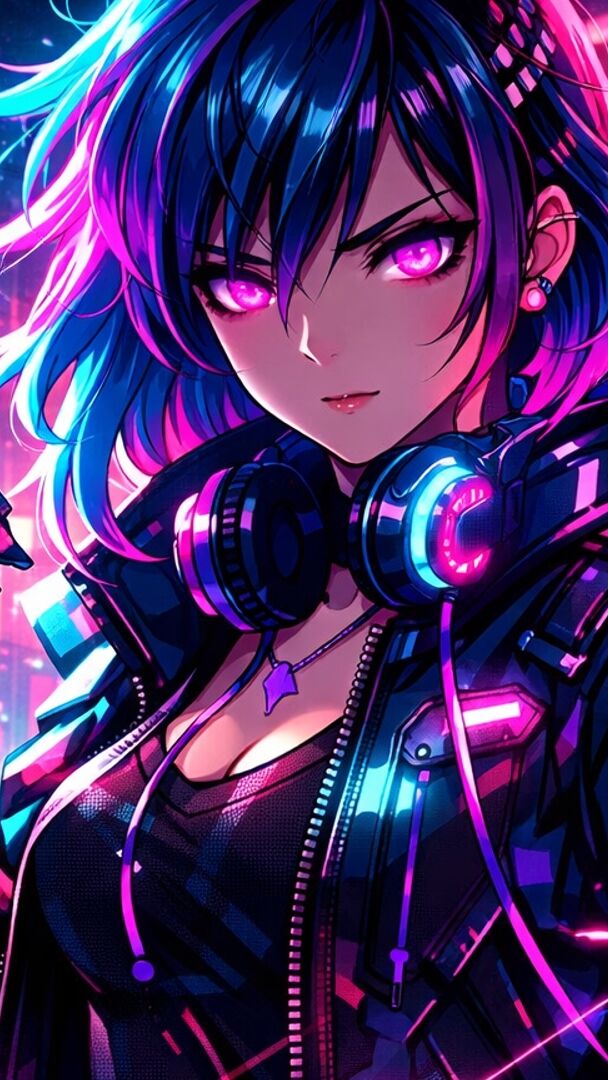 Neon Cyberpunk Anime Girl Under Electric City Lights - backiee