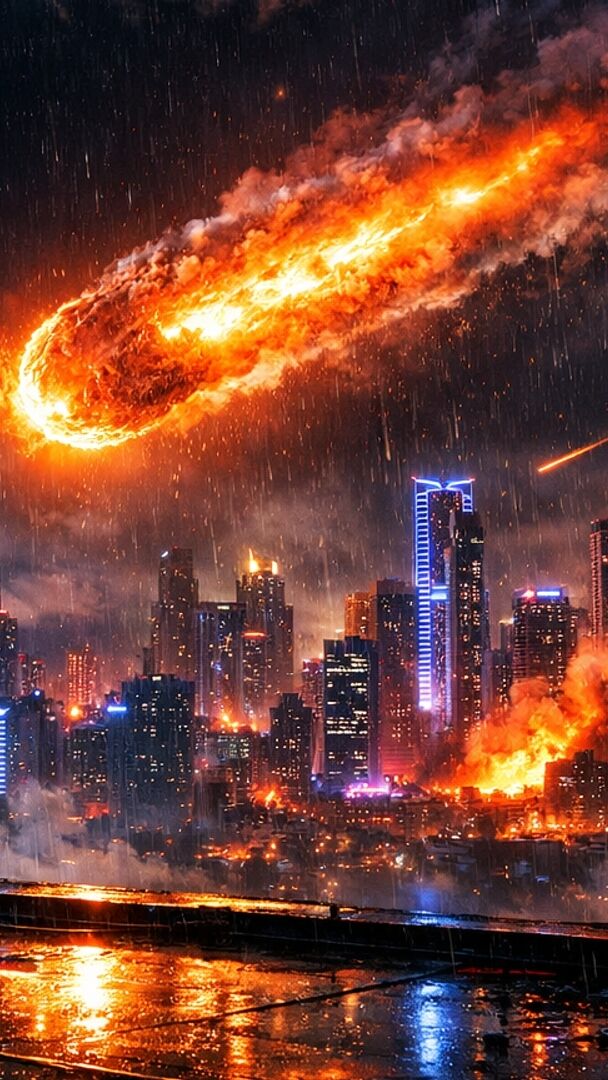 Meteorfall Over Neon Skyline in a Cinematic Apocalyptic Night - backiee