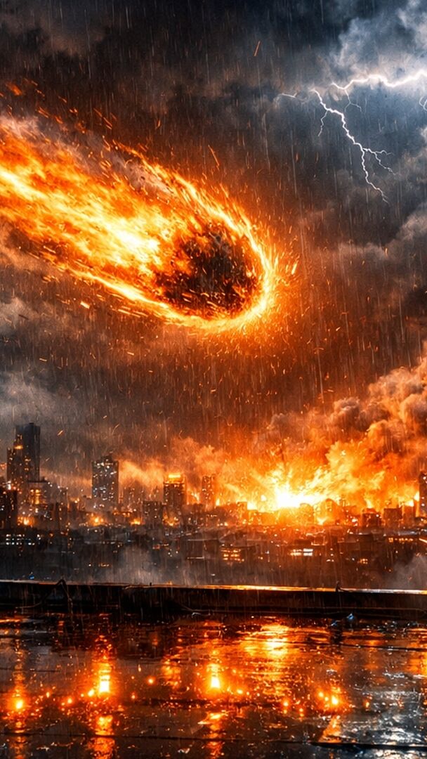 Firestorm Meteor Over a Burning City in Cinematic Apocalypse - backiee